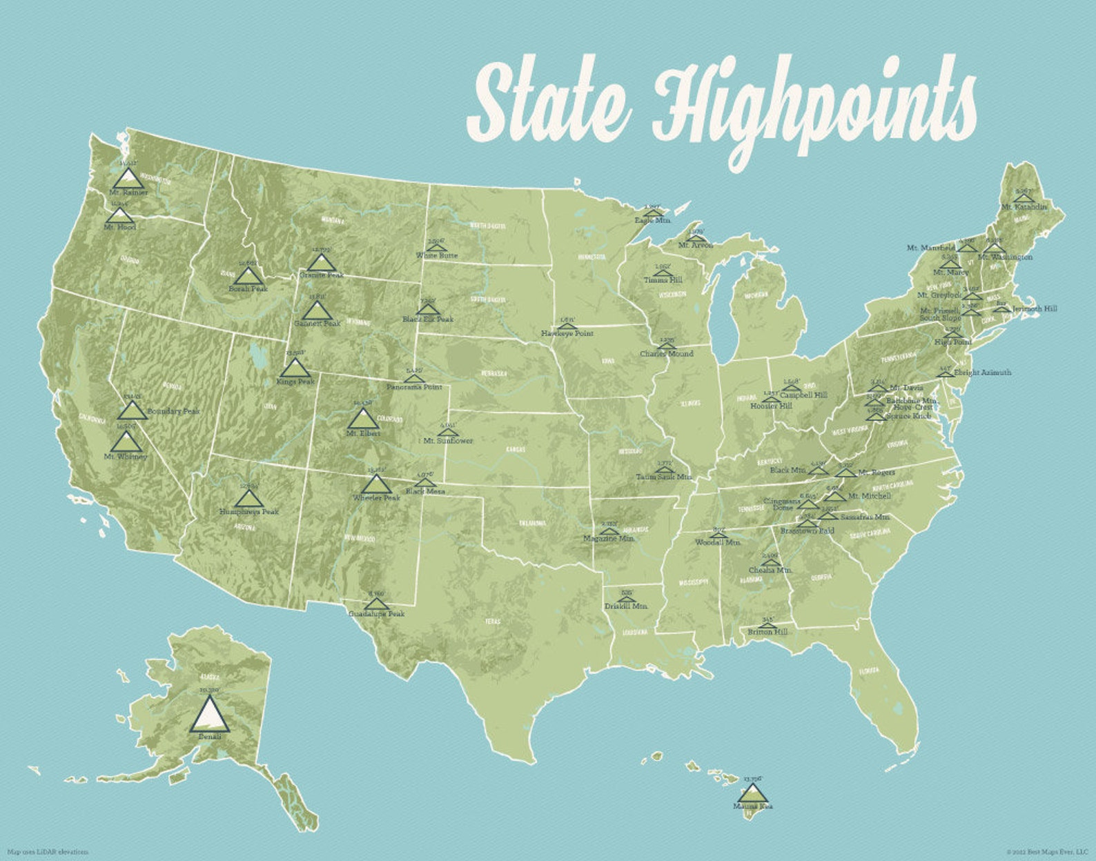 State Highpoints Map 11x14 Print - Etsy