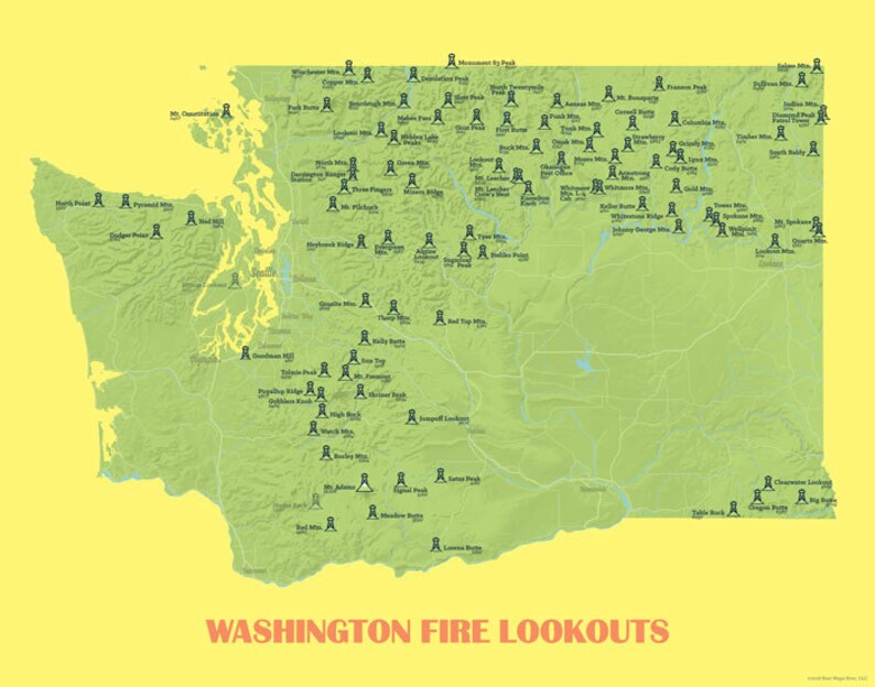 Washington Fire Lookouts Map 11x14 Print - Etsy