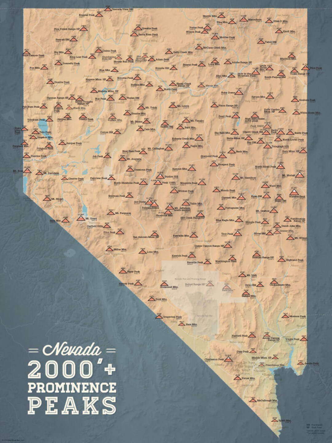 Nevada 2000' Prominence Peaks Map 18x24 Poster - Etsy