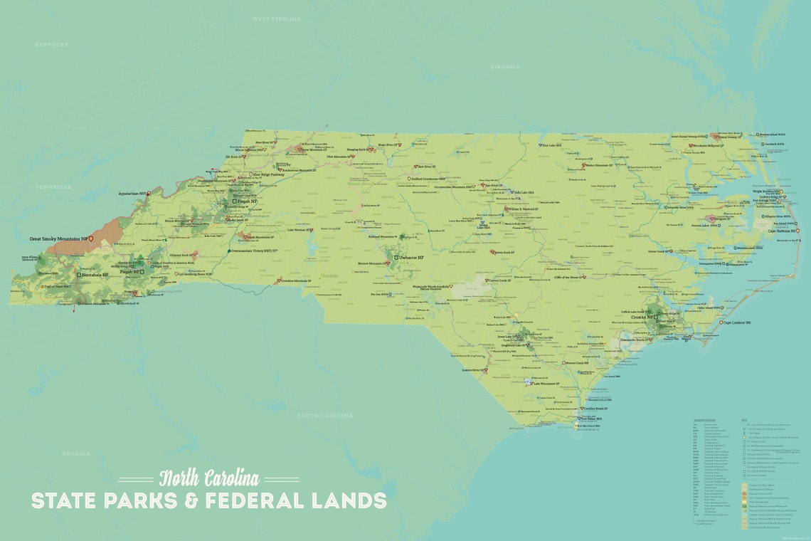 North Carolina State Parks & Federal Land Map 24x36 Poster - Etsy