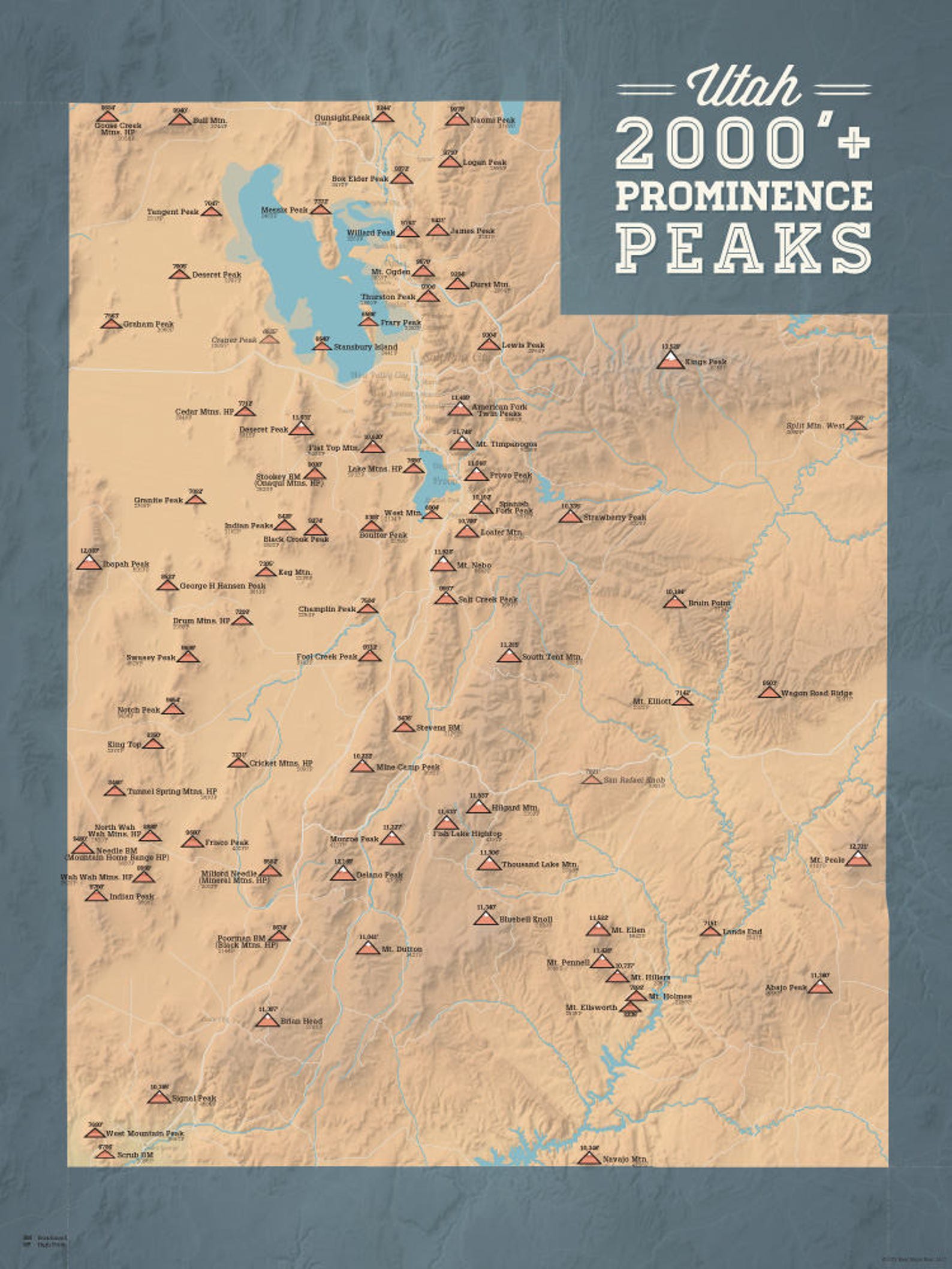 Utah 2000' Prominence Peaks Map 18x24 Poster - Etsy