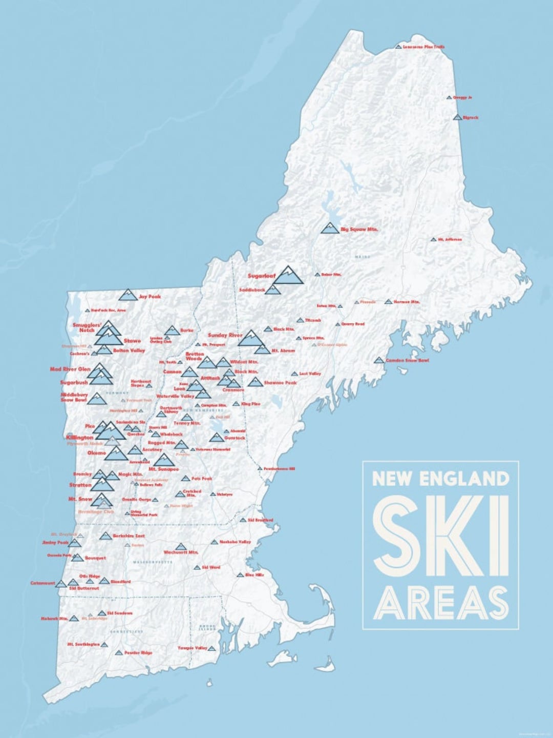 New England Ski Resorts Map 18x24 Poster - Etsy