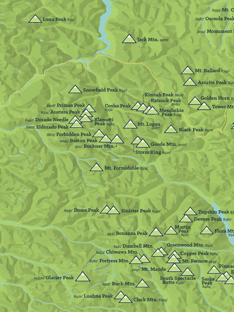 Washington 100 Highest Peaks Map 18x24 Poster | Etsy