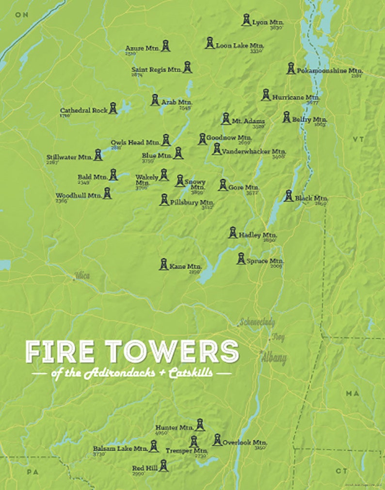 Adirondack Fire Tower Challenge Map 11x14 Print - Etsy