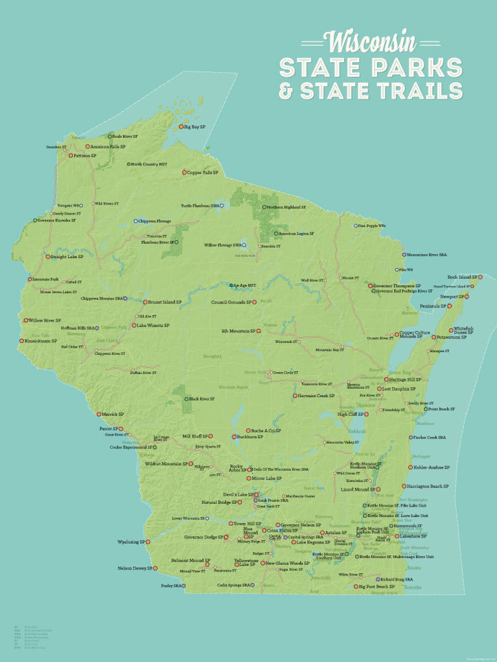 Wisconsin State Parks Map 18x24 Poster - Etsy