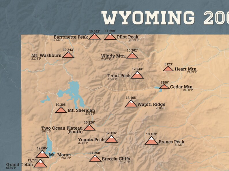 Wyoming 2000' Prominence Peaks Map 18x24 Poster - Etsy