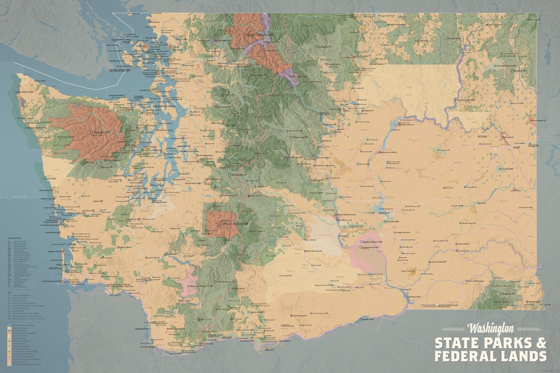 Washington State Parks & Federal Lands Map 24x36 Poster | Etsy