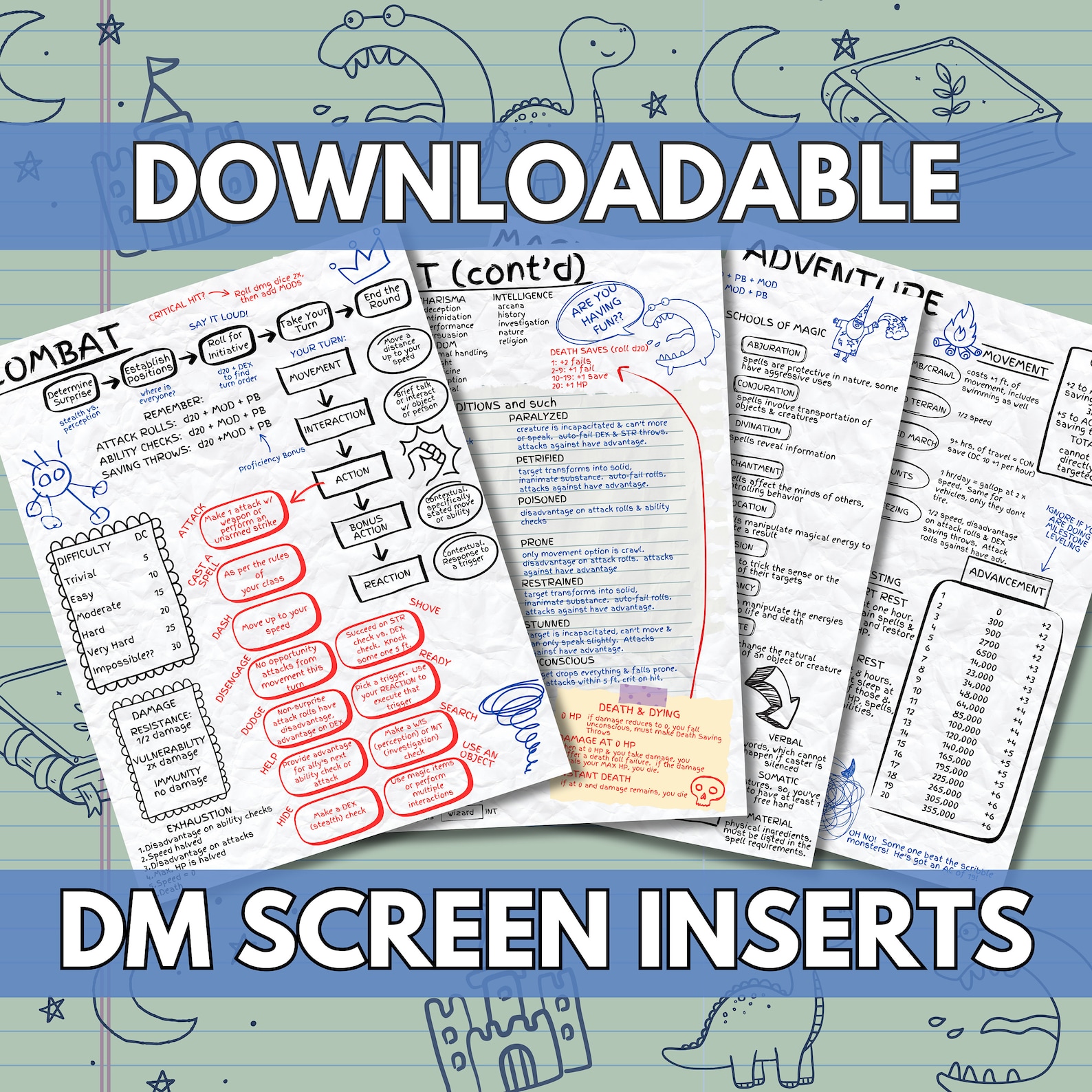 D&D 5e DM Screen Inserts Handwritten Style Printable PDF (letter, 4 ...