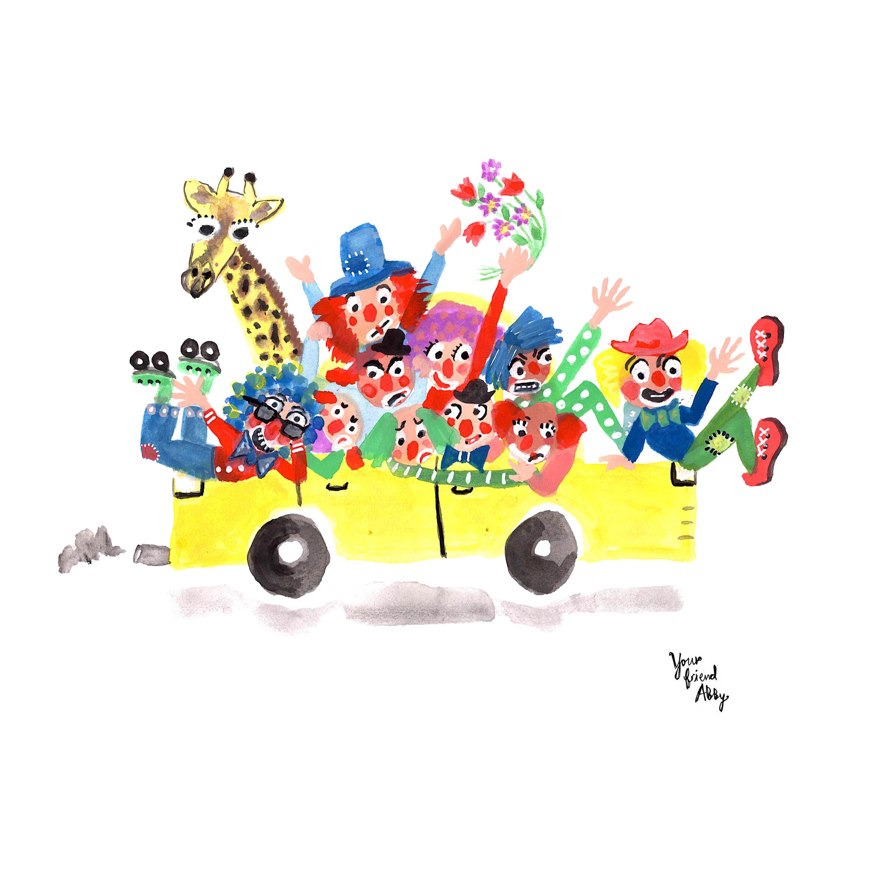 Sale! A Clown Car Gone Awry Complete With Giraffe. Happy, Colorful Art ...