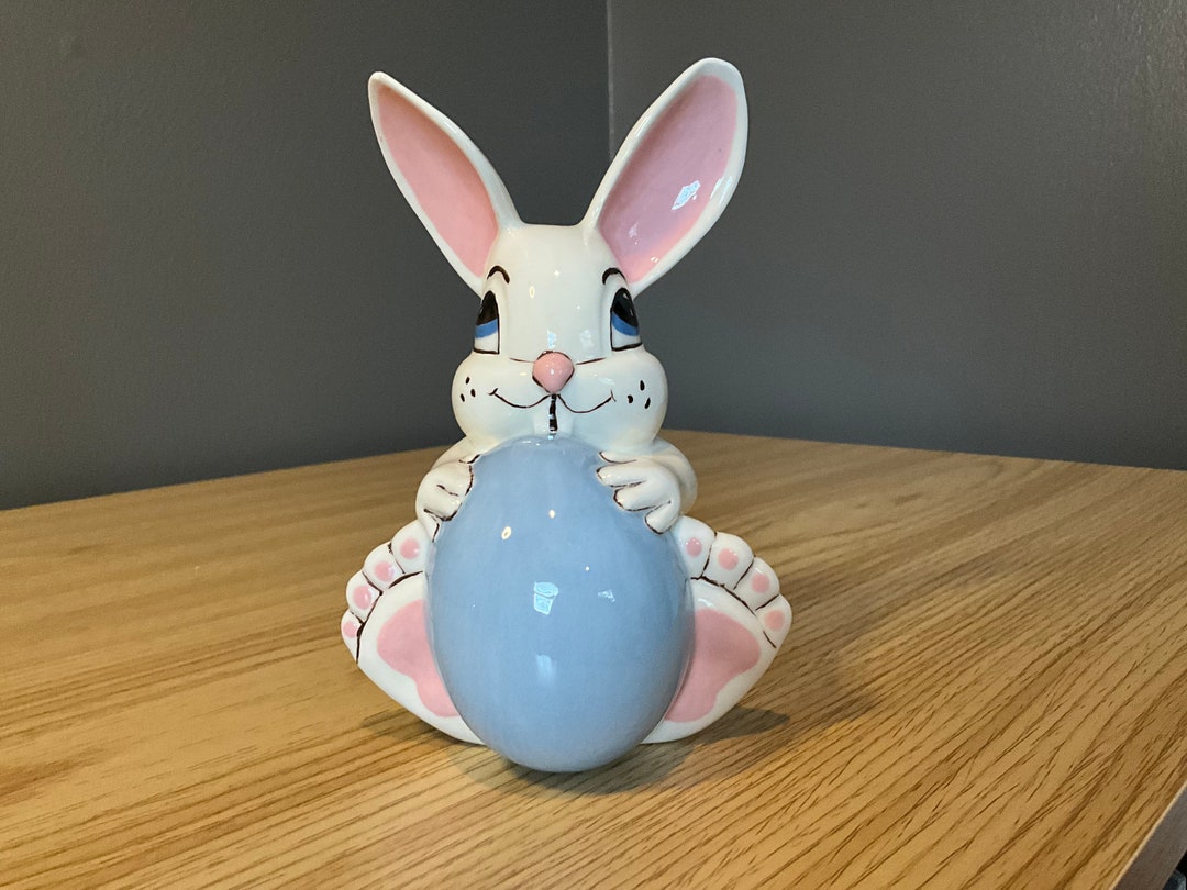 Vintage Ceramic White Rabbit Holding Blue Egg Figurine - Etsy