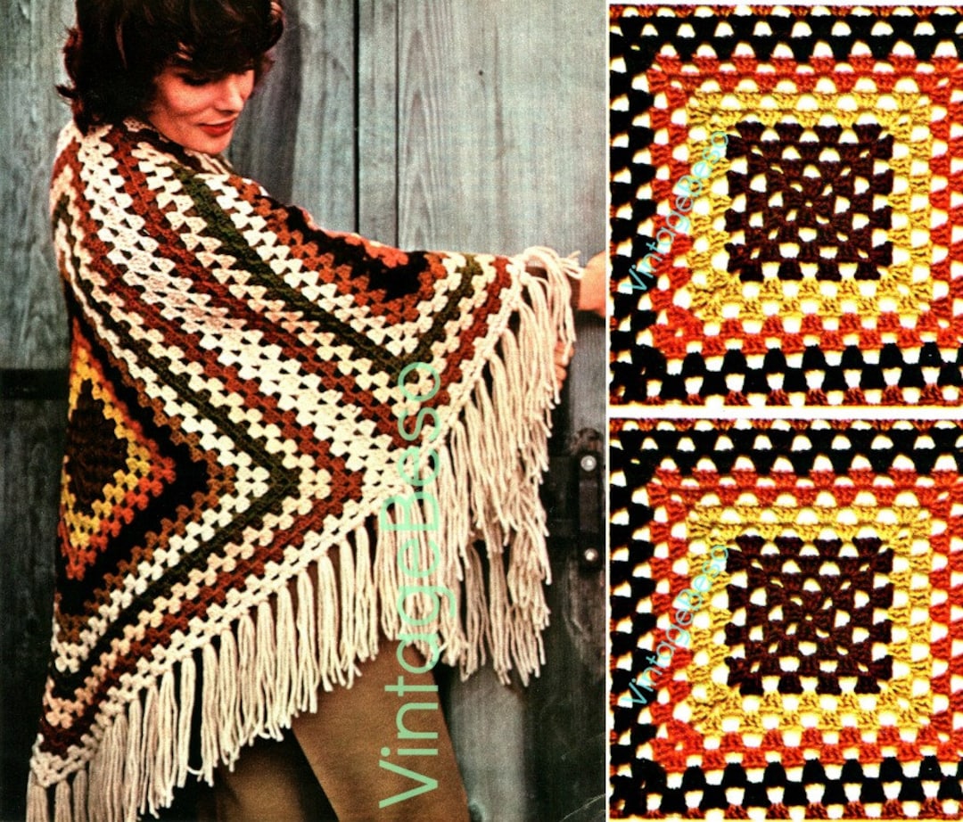 Crochet Shawl PATTERN • Vintage 1970s Granny Square Wrap (watermarked ...