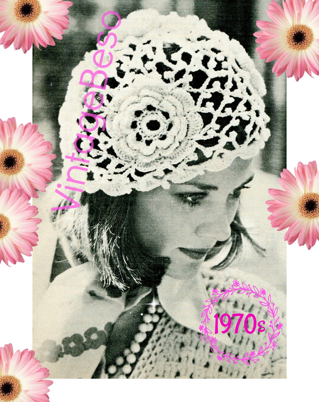 Crochet Cap Pattern • Vintage 1970s Irish Rose Cloche • Watermarked PDF ...
