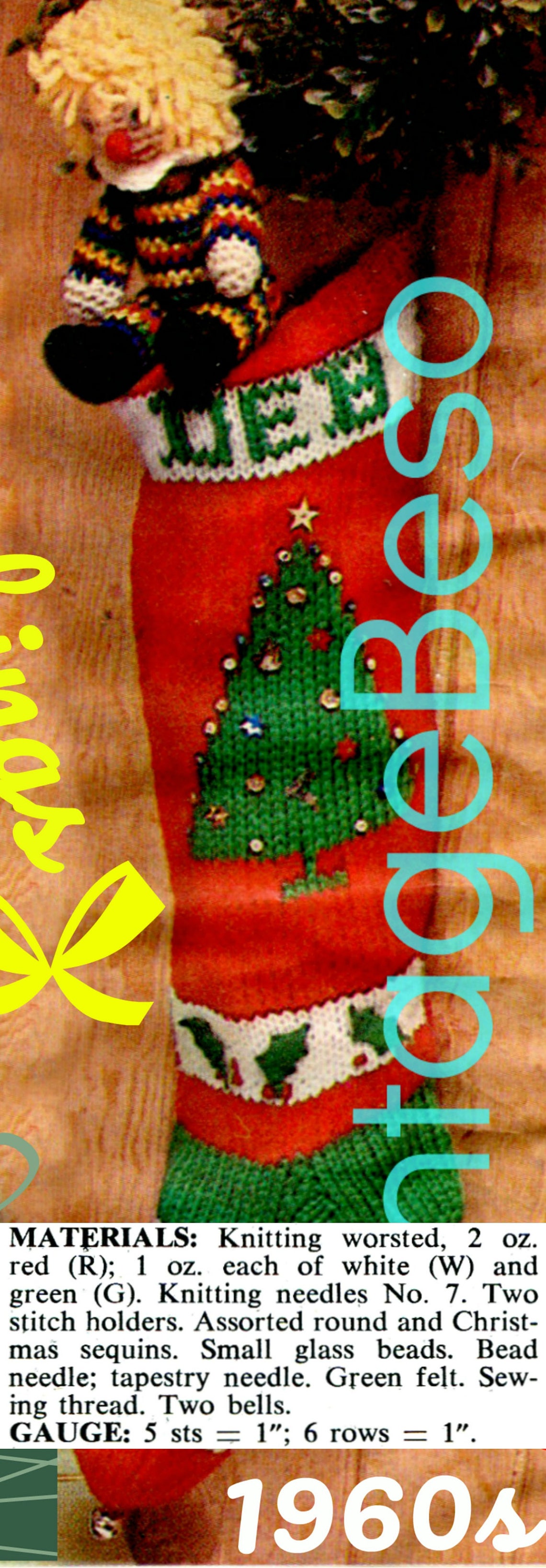 2 Patterns • Knit Christmas STOCKING Patterns • Vintage 1960s "santa ...