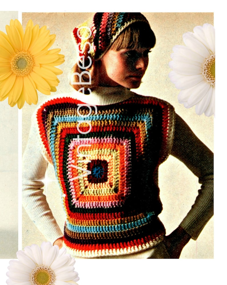 3 Patterns • Boho Retro 1970s Granny Square Crochet Patterns • Poncho ...