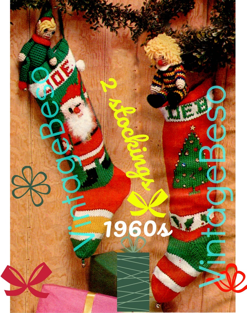 2 Patterns • Knit Christmas STOCKING Patterns • Vintage 1960s "santa ...