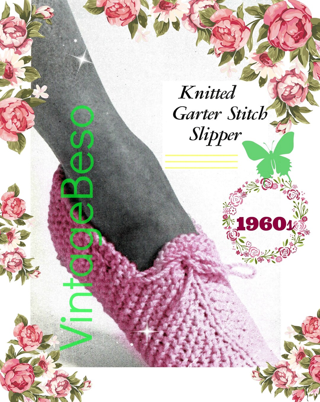 Slippers 1960s Knitted Pattern: Vintage Garter Stitch (watermarked PDF ...