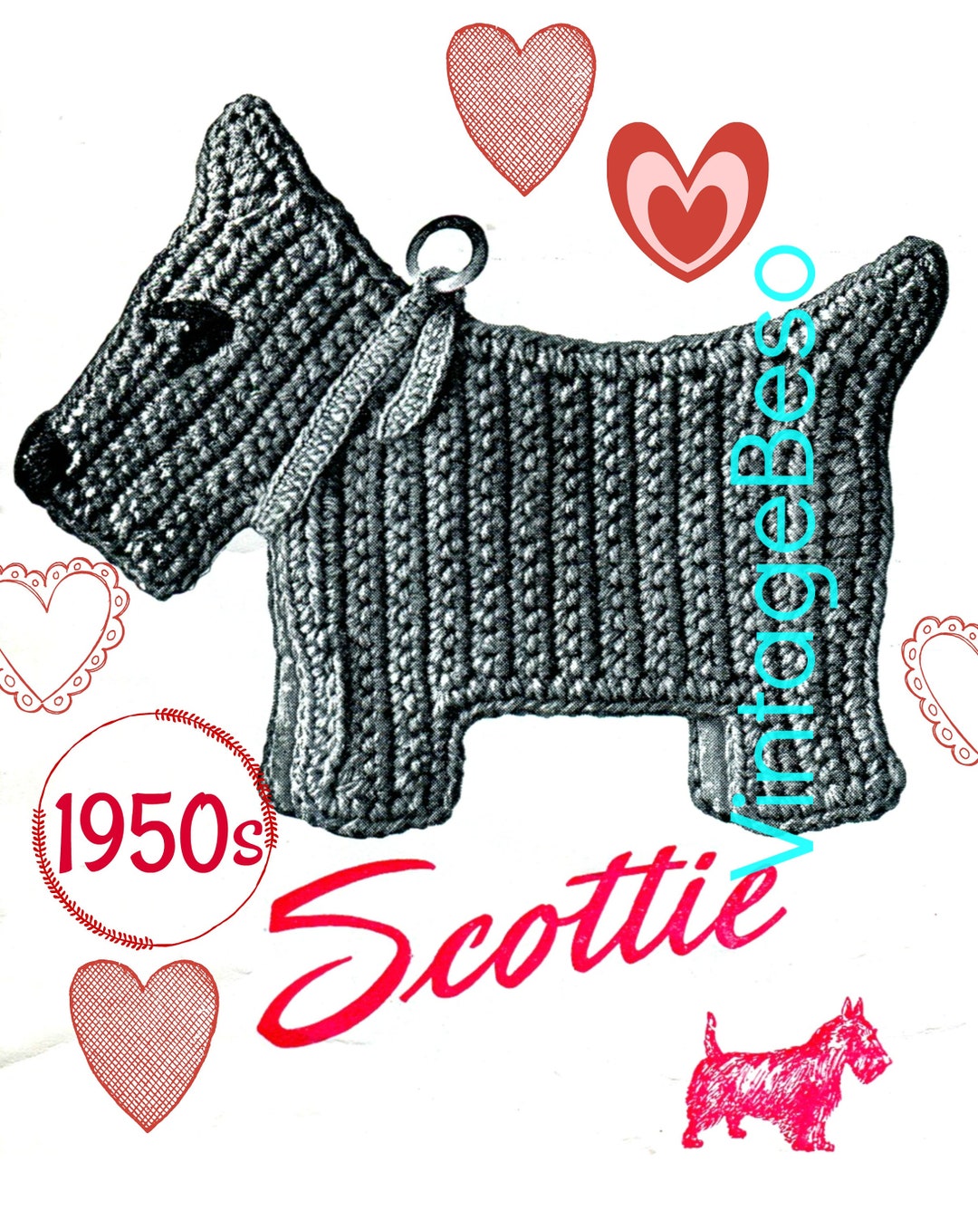 Vintage 1950s Scottie Dog Potholder Crochet Pattern • Watermarked PDF ...
