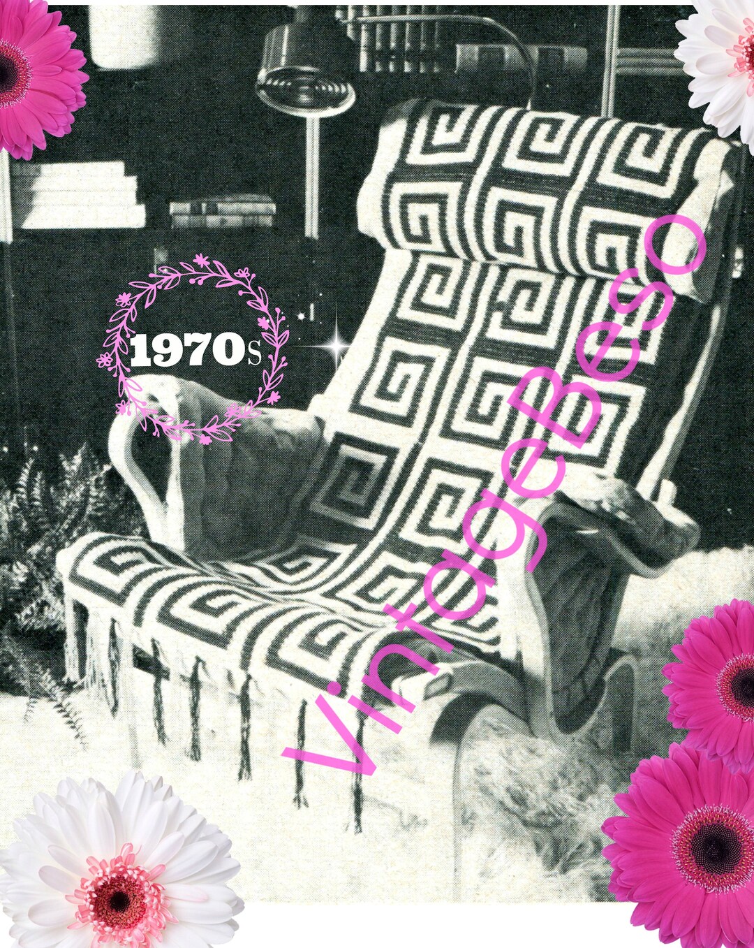 Vintage 1970s Greek Key Afghan Crochet Pattern (watermarked PDF Only ...