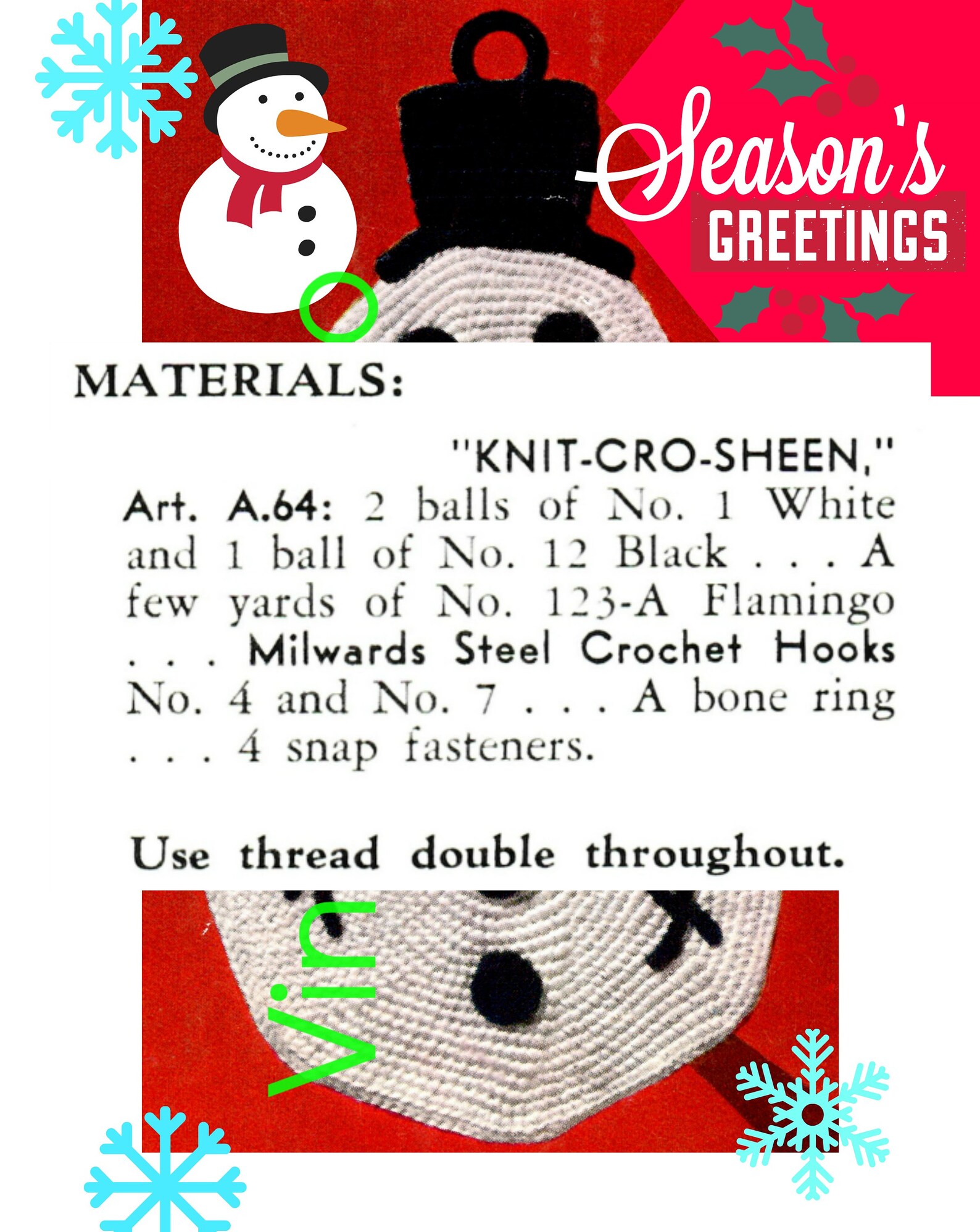 Snowman Potholder Crochet Pattern 1950s Classic Christmas | Etsy