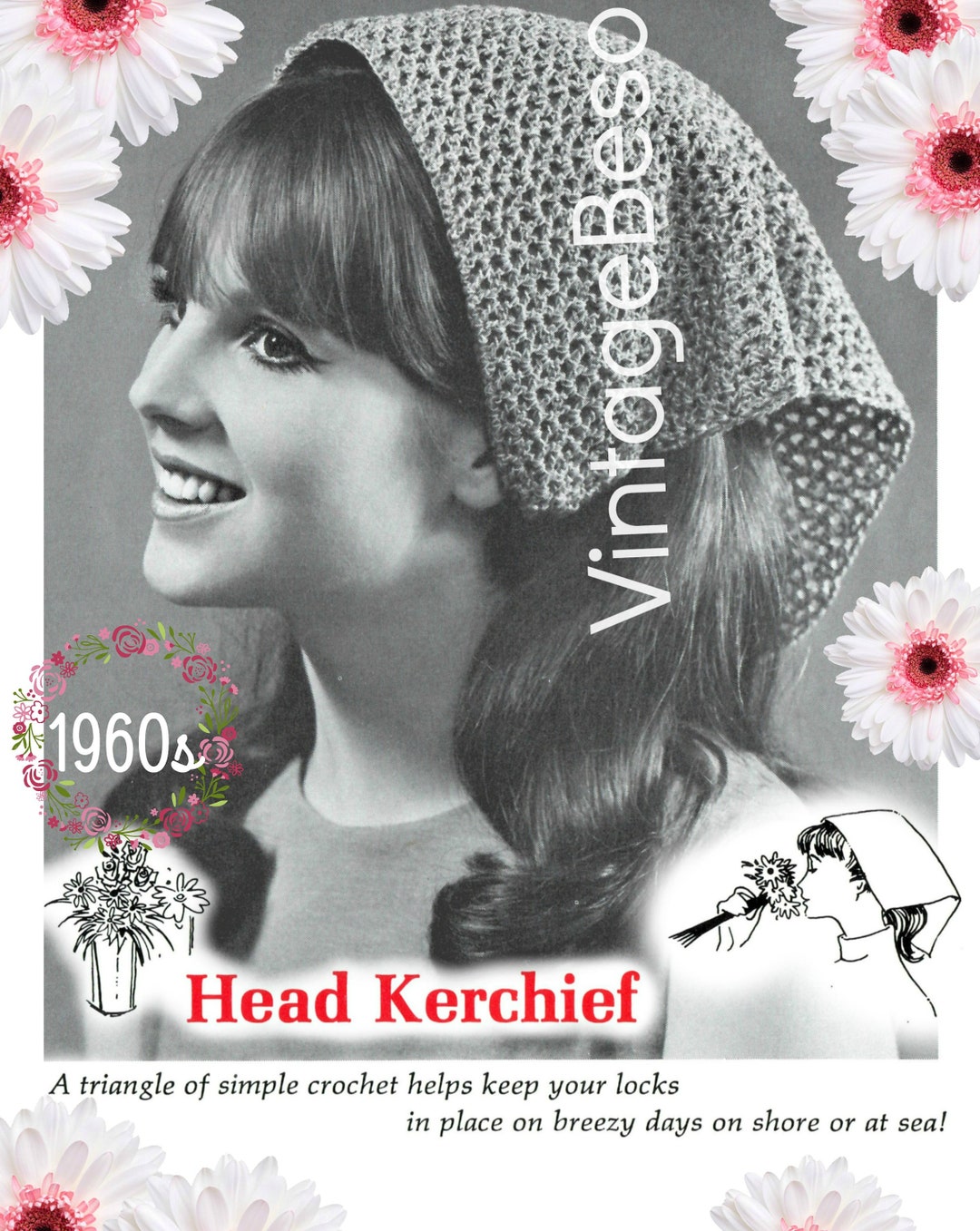 Head Scarf Crochet Pattern • 1960s Vintage Hippie Pattern • Head ...
