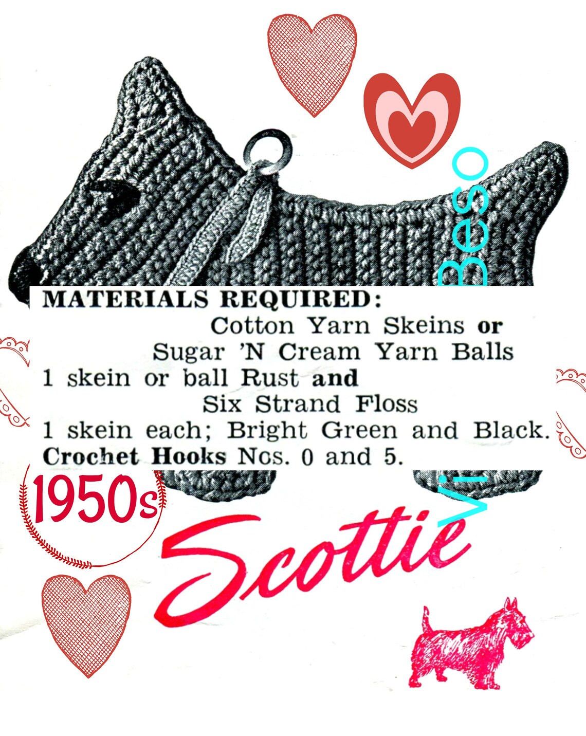 Vintage 1950s Scottie Dog Potholder Crochet Pattern • Watermarked PDF ...