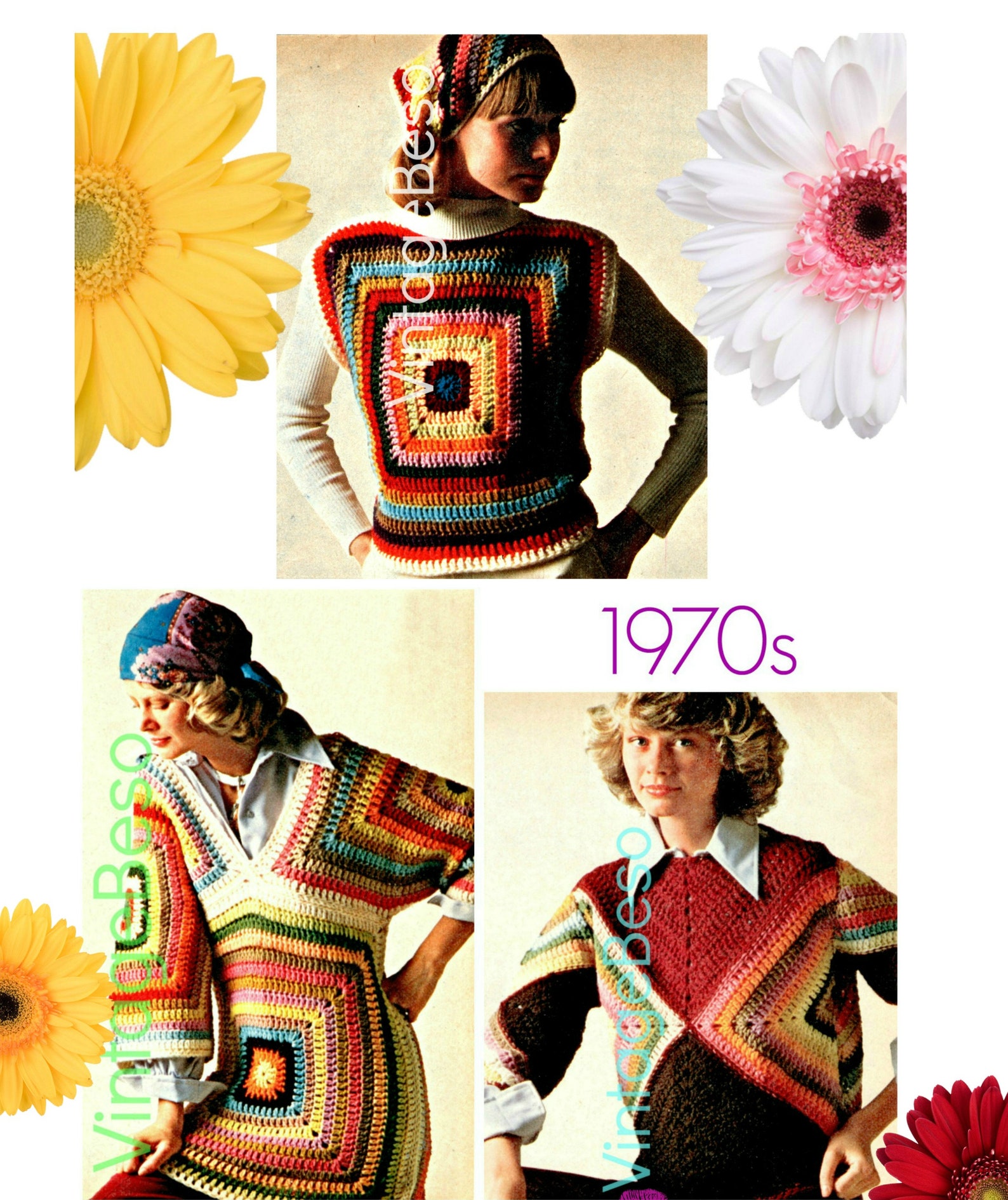 Vintage 1970s Crochet Pattern • Granny Square Dress, Top, Scarf ...
