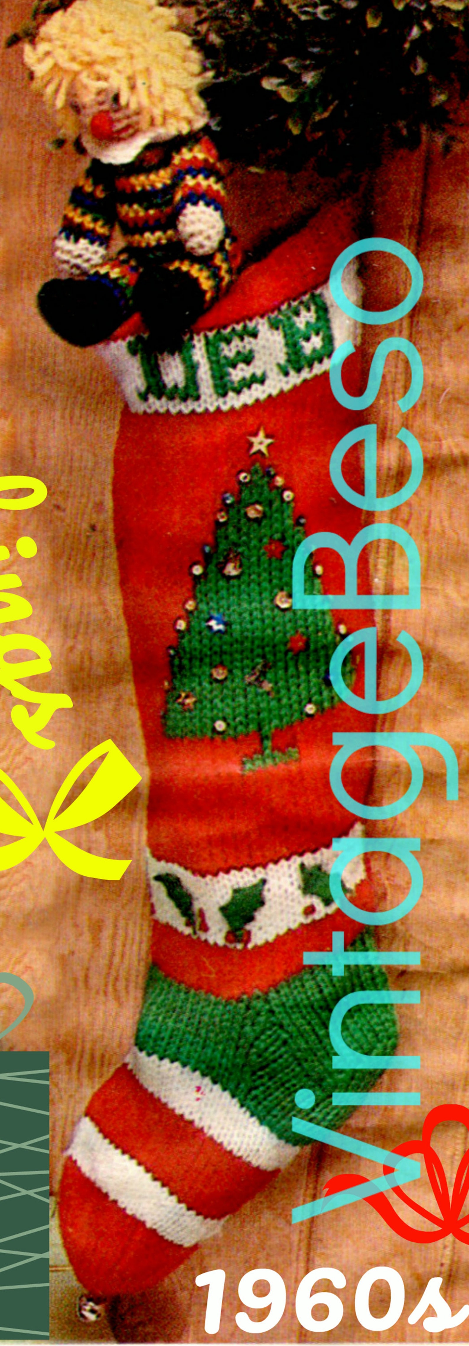 2 Patterns • Knit Christmas STOCKING Patterns • Vintage 1960s "santa ...