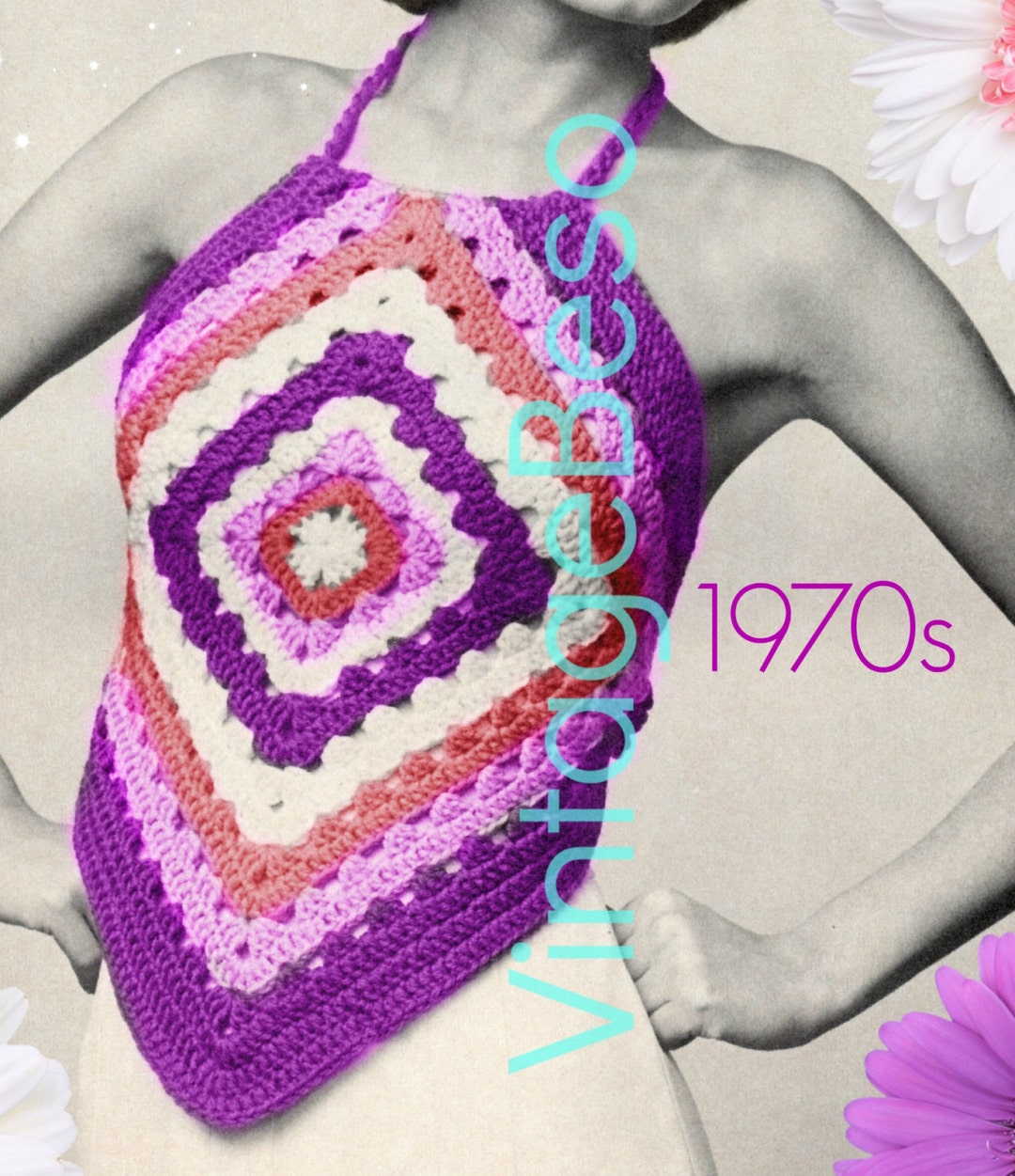 1970s Halter Top Crochet Pattern • Granny Square Beach Top (watermarked ...