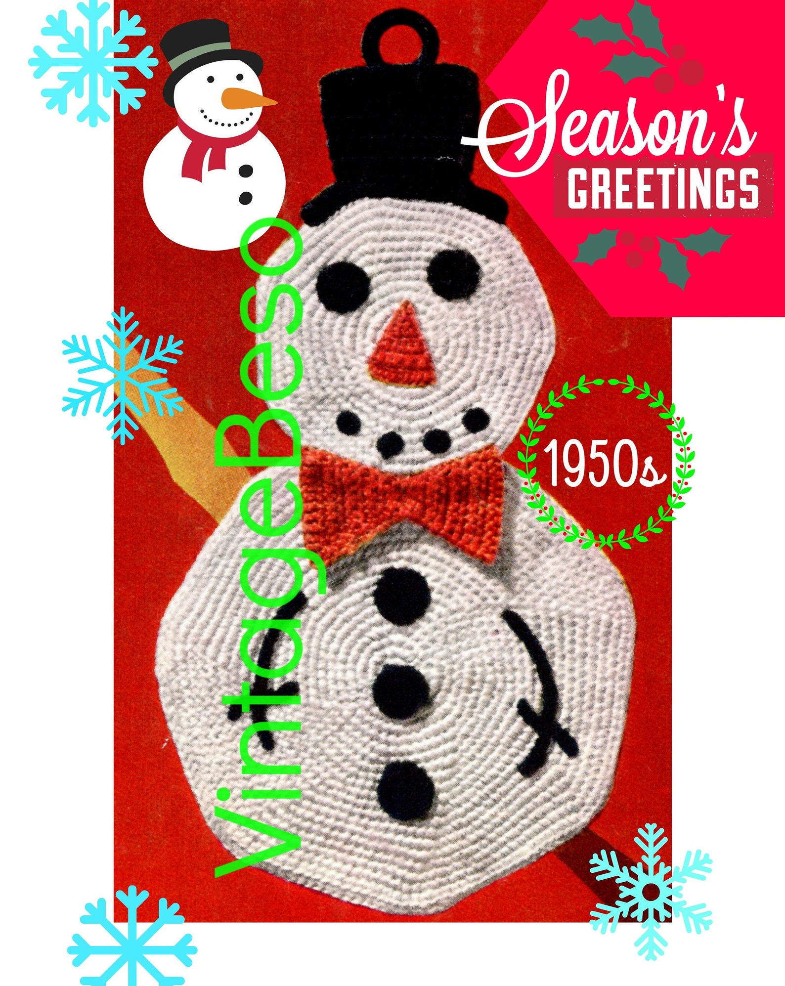 Snowman Potholder Crochet Pattern 1950s Classic Christmas | Etsy