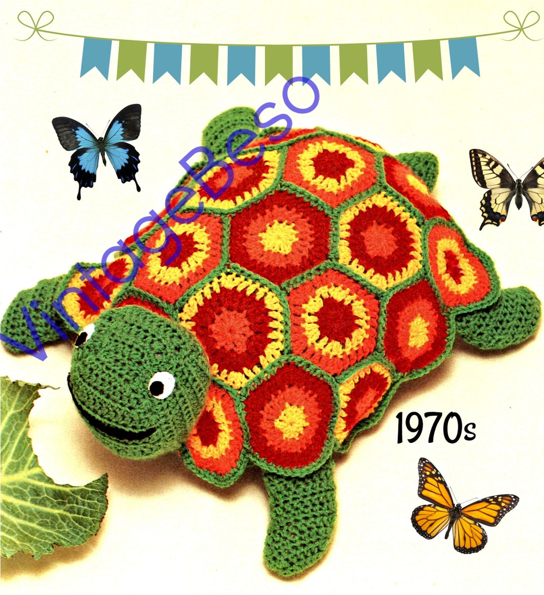 Turtle CROCHET Pattern • Vintage 1970s Made of Half Dc's and Six Motifs ...