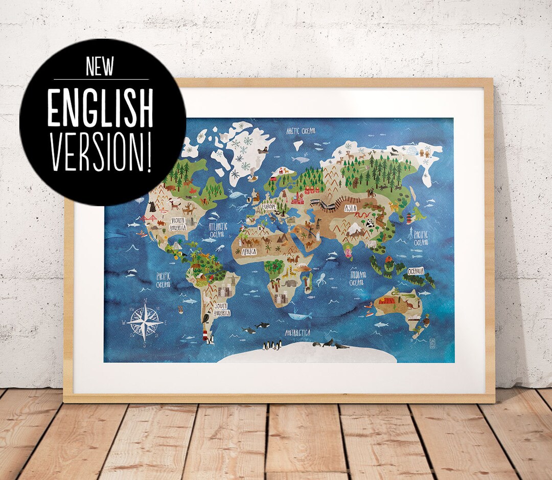 ENGLISH VERSION - World Map Poster | World Map Wall Art 50x70 Cm ...