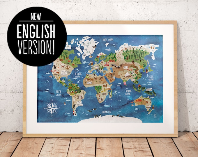 ENGLISH VERSION World Map Poster World Map Wall Art 50x70 - Etsy
