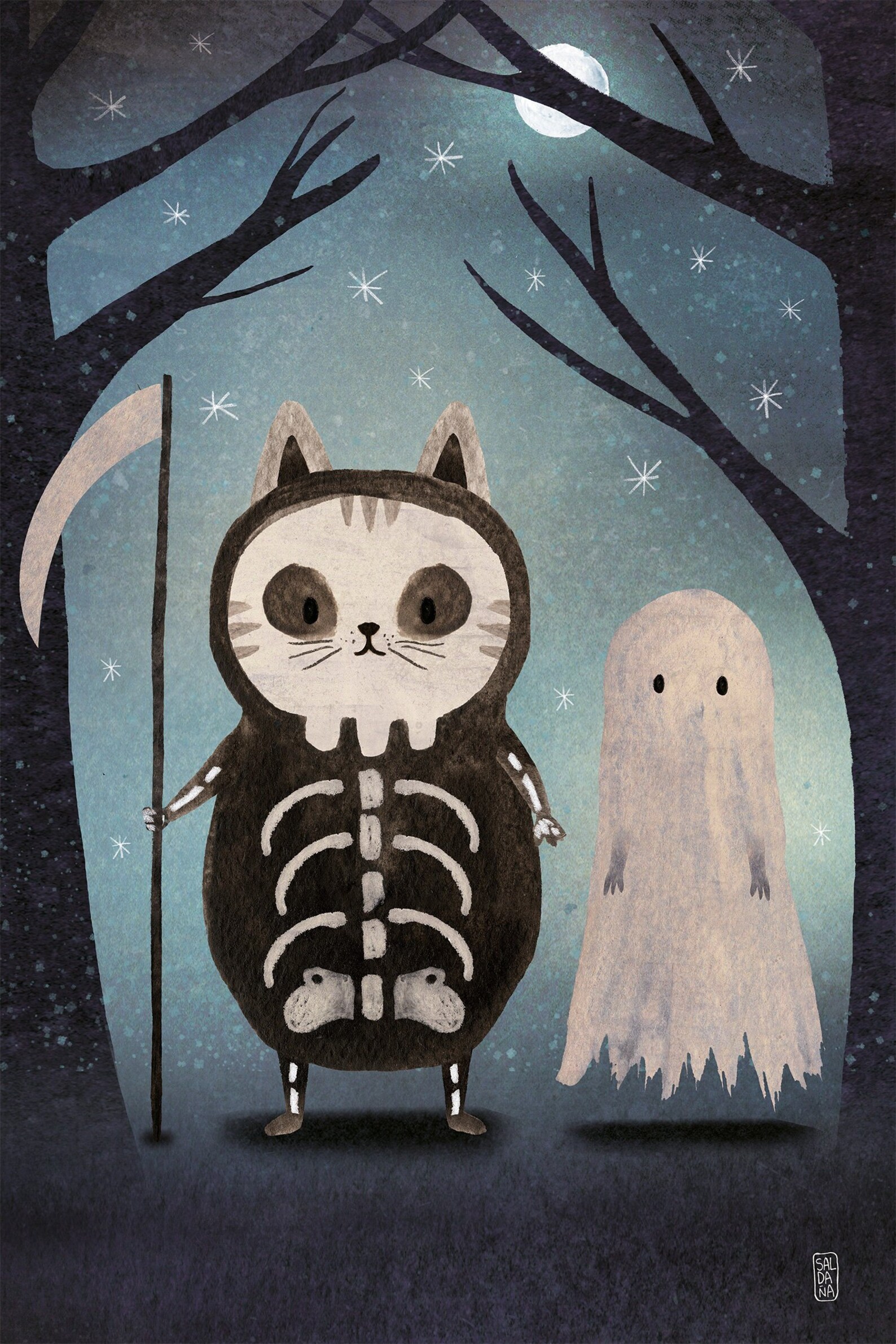 The Spooky Cat Print Print 21x30 Halloween Illustration | Etsy