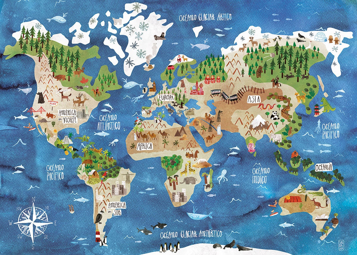 Mapamundi ilustrado Poster 50x70 Mapa para niños - Etsy España