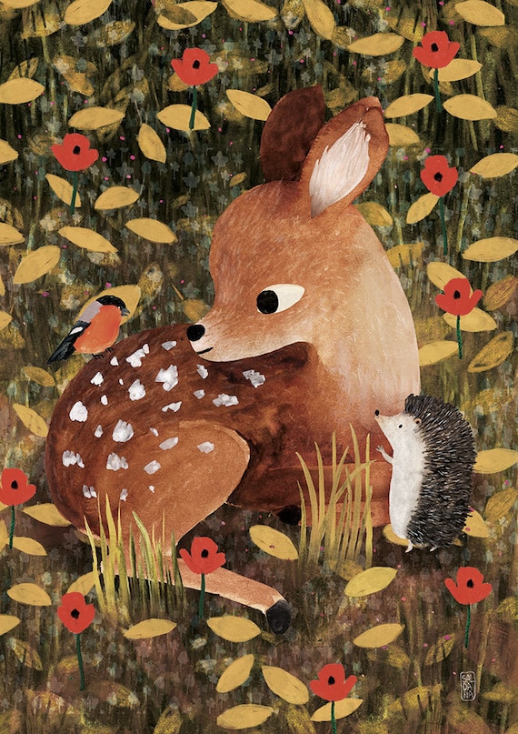 Fawn & friends print Print 21x30 Fantasy illustration | Etsy