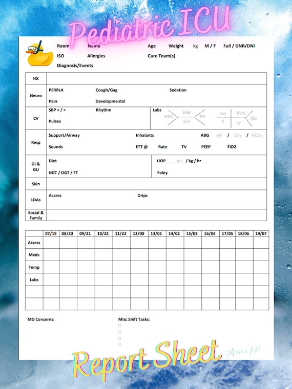 PICU Nurse Report Sheet Pediatric ICU Pediatric Intensive - Etsy