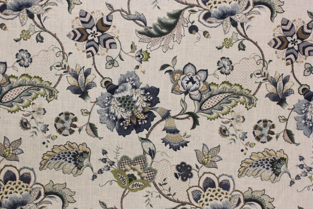 Fabric Jacobean Floral Blue, by Country Curtains, Linen Fabric- for ...