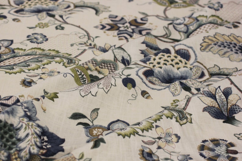 Fabric Jacobean Floral Blue, by Country Curtains, Linen Fabric- for ...