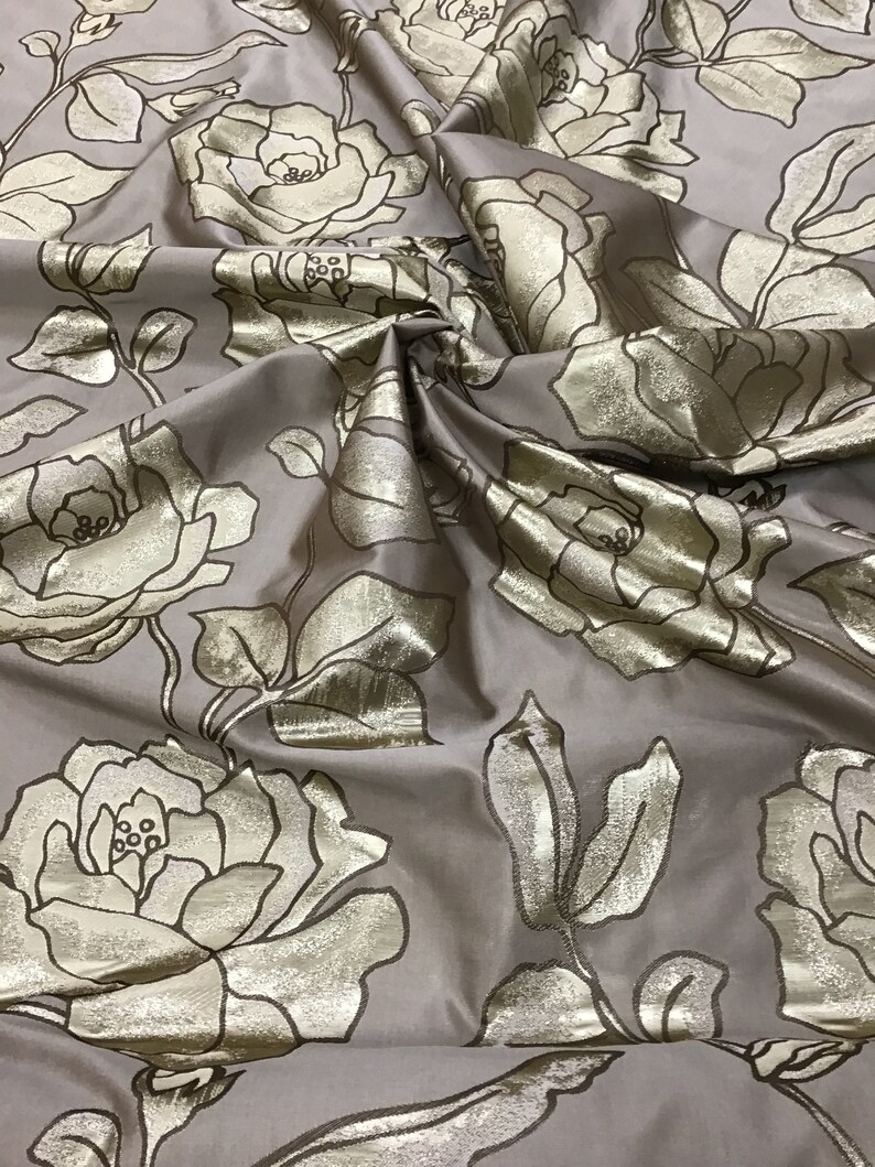 Fabric, Roses Point Taupe, Rose W/ Gold Metallic, Silk Look, for ...