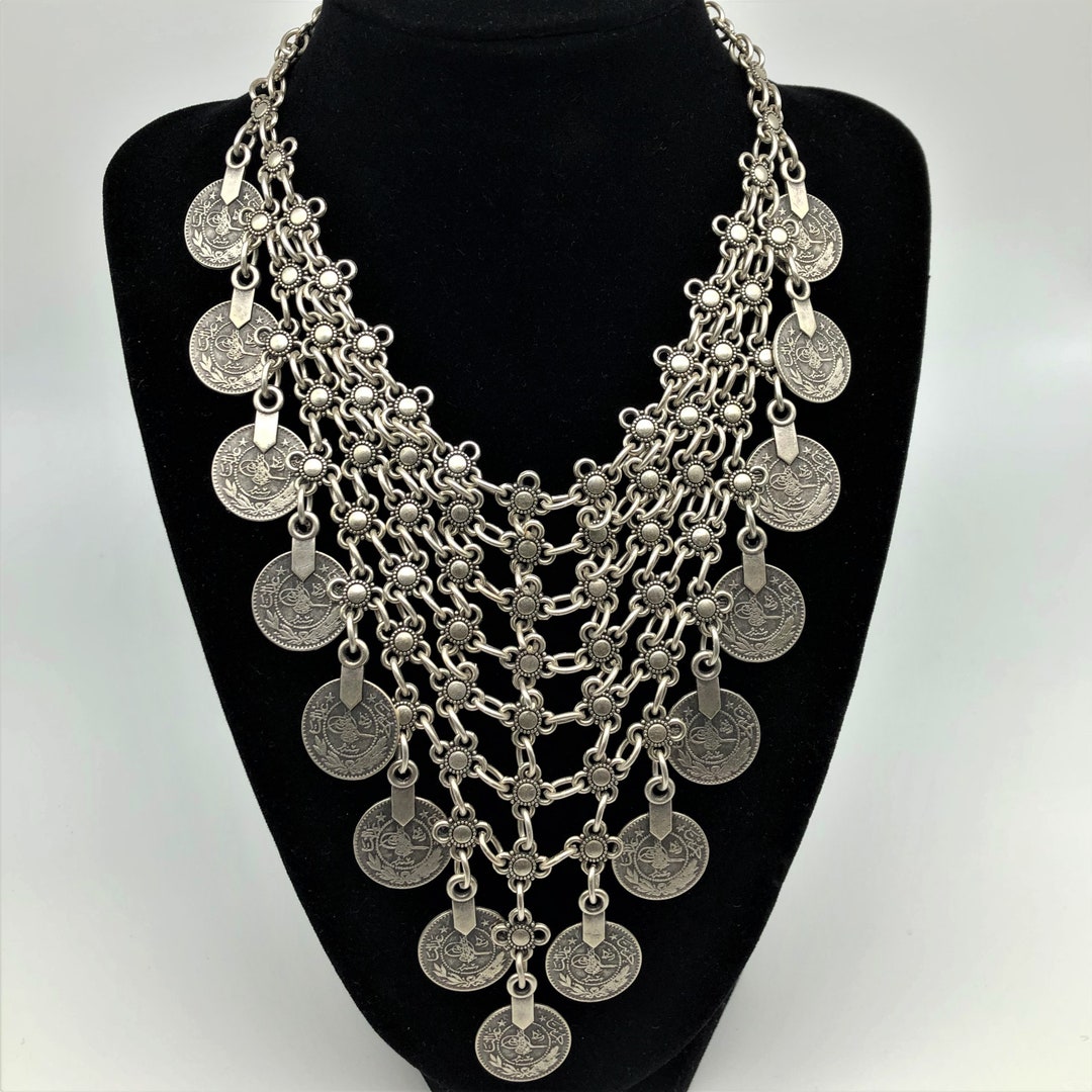 Handmade Silver and Zinc Tribal Coin Statement Necklace Ethnic ...