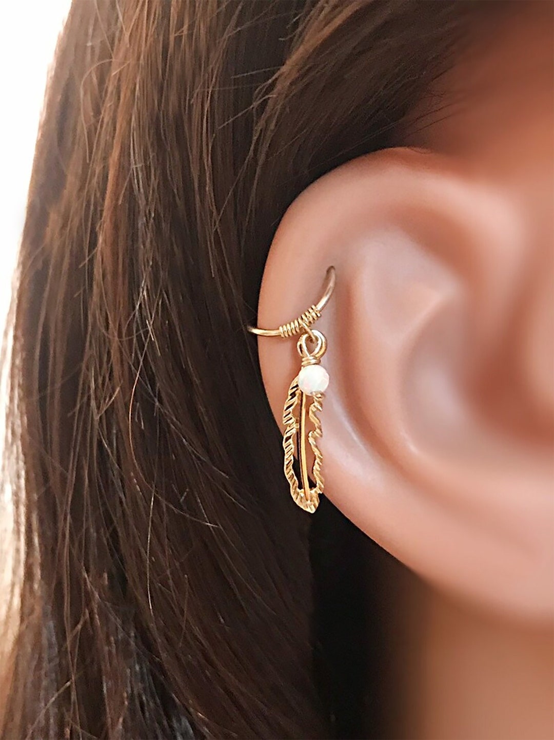 Opal Helix 14k Gold Earring, Feather Charm Earrings, Cartilage Hoop 18g, Helix Dangle Earring ...