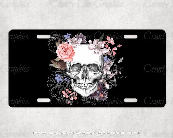 Skull and Flowers License Plate Girly Skull Design Vanity | Etsy