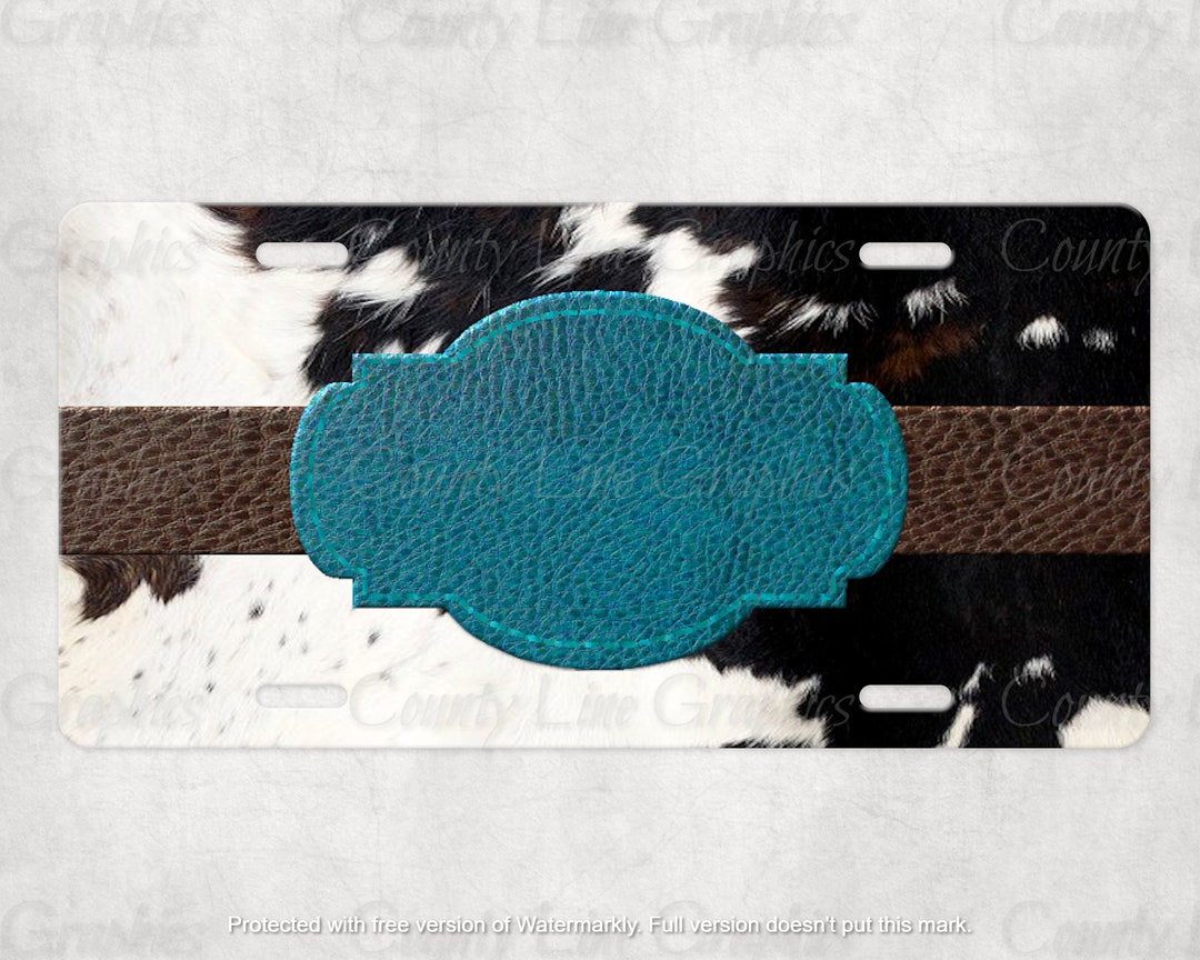 Monogram License Plate - Blue Leather and Cow Print Personalized Auto ...