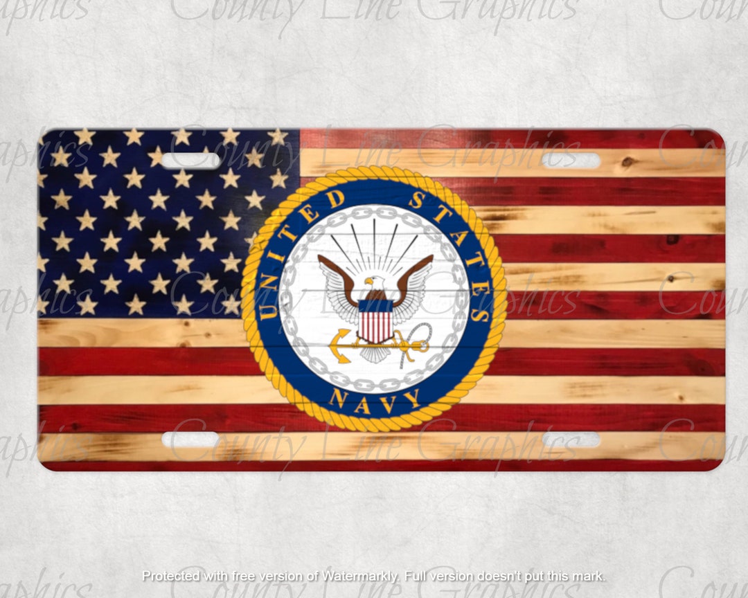 USN Navy License Plate - American Flag Military Wood Grain Plate - Navy ...