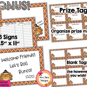 Thanksgiving Bunco BUNDLE 27pgs November Bunco Score Cards Tally Sheets ...