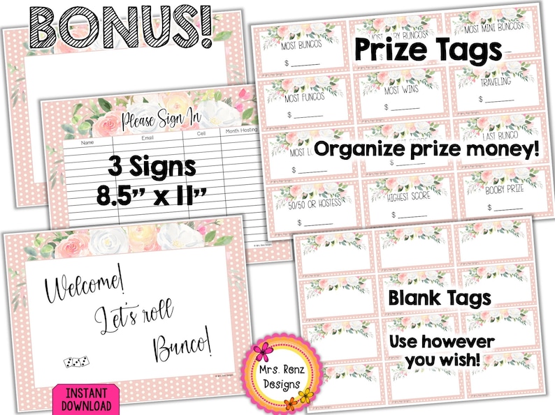 Peach Floral Bunco Party Kit: Scorecards, Invitations, Table Tents ...