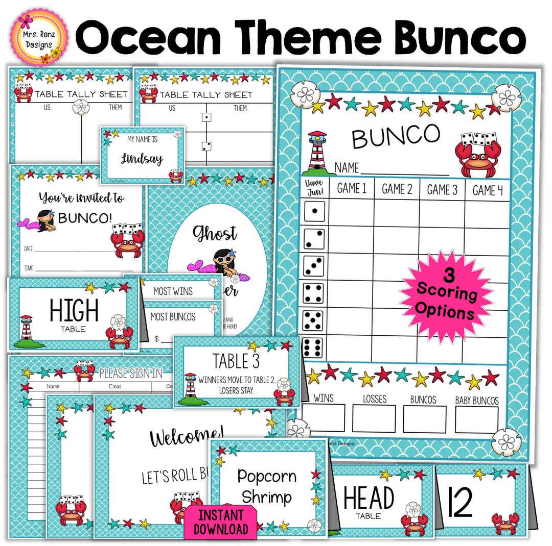 Ocean Theme Bunco Party Bundle: Score Cards, Invites (PDF Download) - Etsy