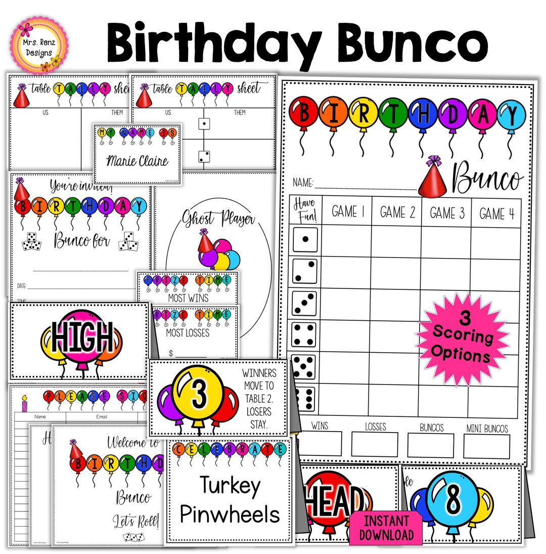 Birthday Bunco Bundle 27pgs Bunco Scorecards Tally Sheets Table Numbers ...