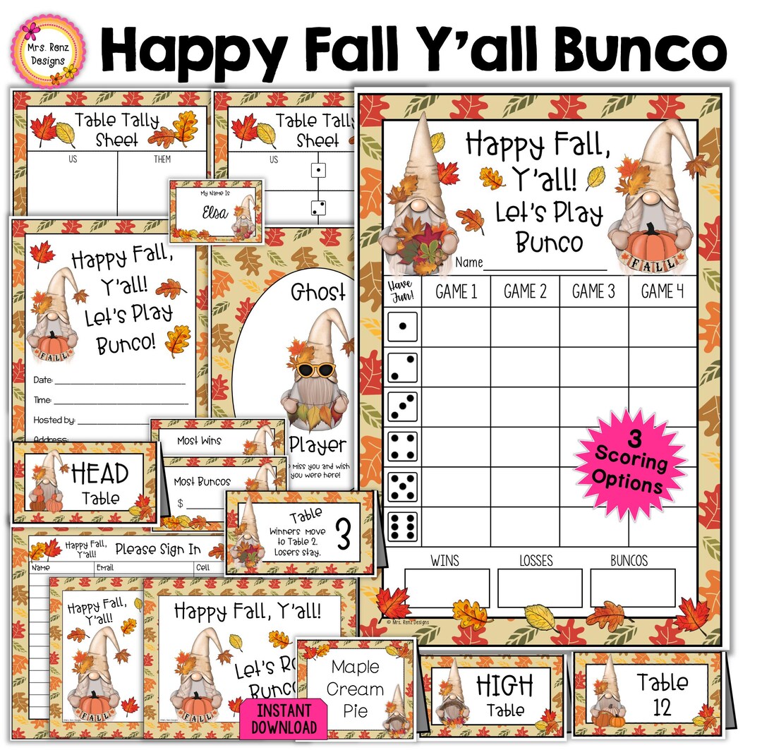 Fall Bunco BUNDLE Gnome Theme Bunco Score Cards Tally Sheets Table ...