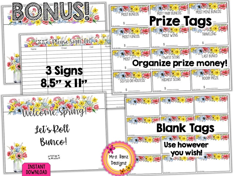Spring Floral Bunco Party Bundle: Scorecards, Invitations (PDF Download ...